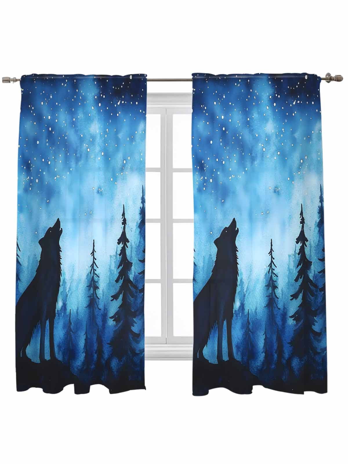 Black Wolf Night Curtains 63 Inch Length, Sheer Curtains for Bedroom ...