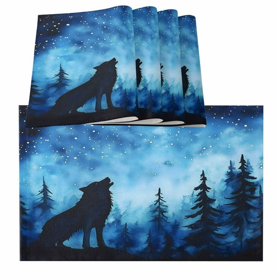 Black Wolf Night Placemats for Dinning Table Set of 4, Abstract Forest ...