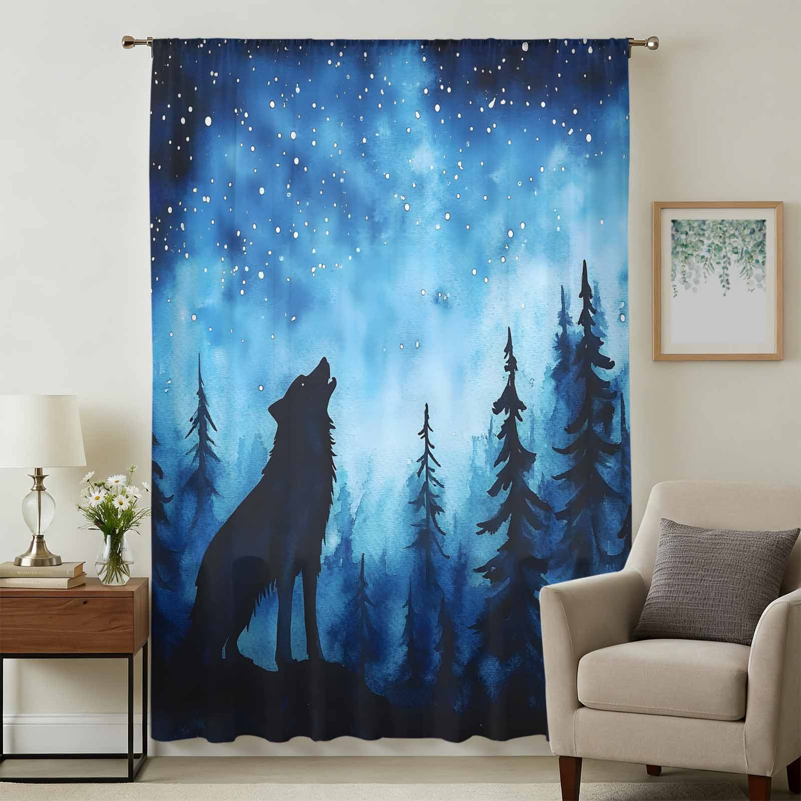 Black Wolf Night Sheer Curtains 45 Inches Long, Abstract Forest ...