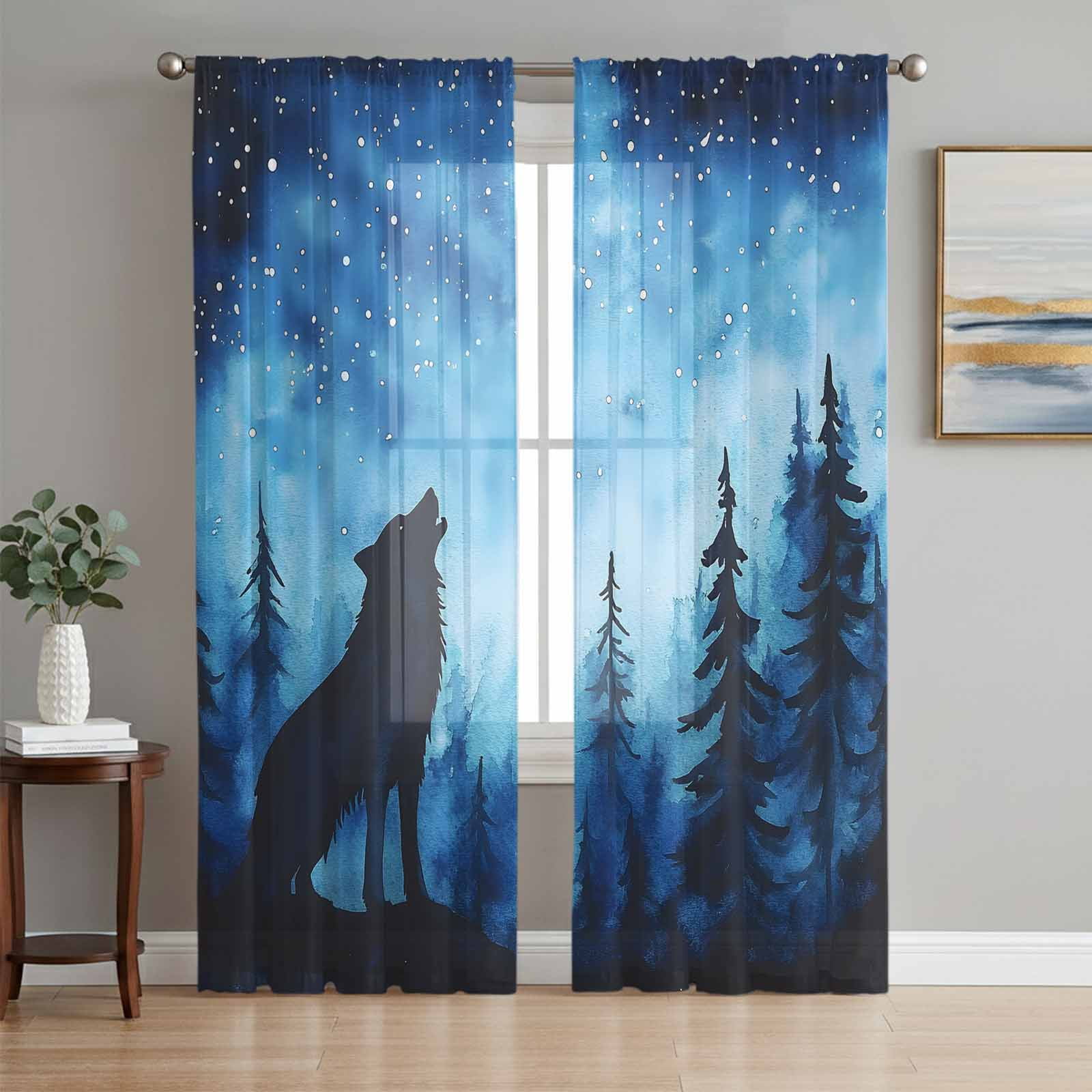 Black Wolf Night Sheer Curtains 63 Inch Length 2 Panels Set, Abstract ...