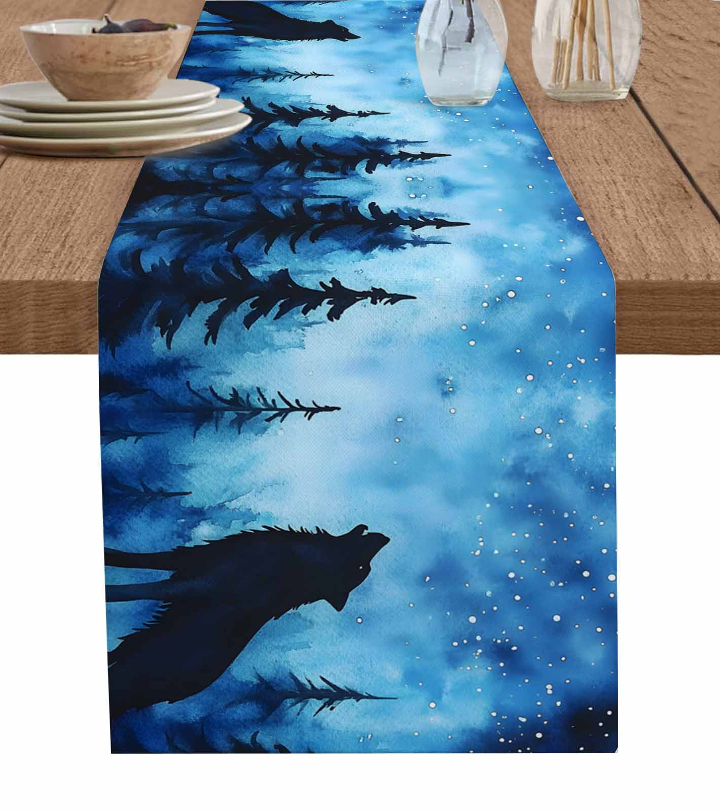 Black Wolf Night Table Runner 60 Inches, Abstract Forest Silhouette ...