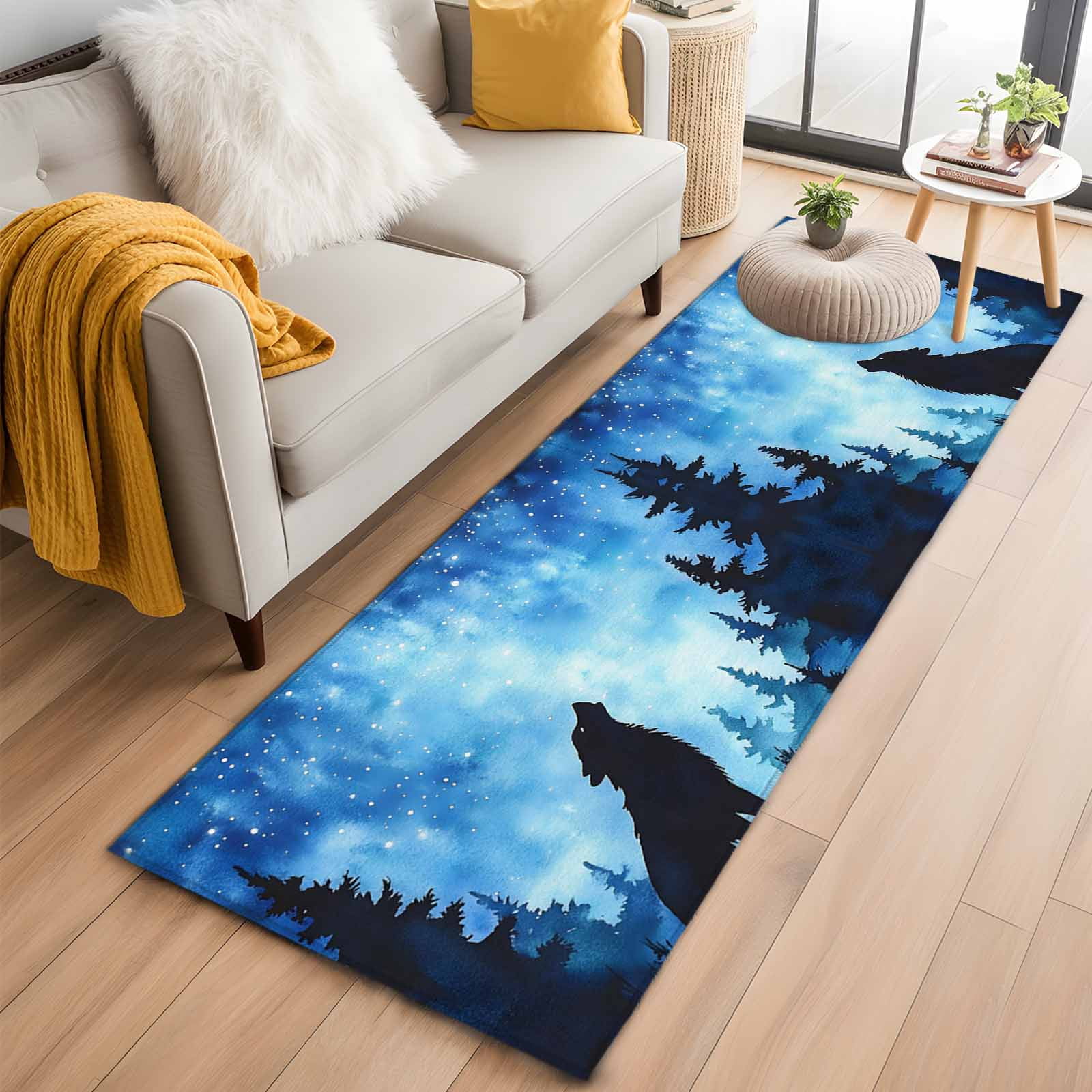 Black Wolf Silhouette 2'x6' Runner Rug, Abstract Starry Night Forest ...