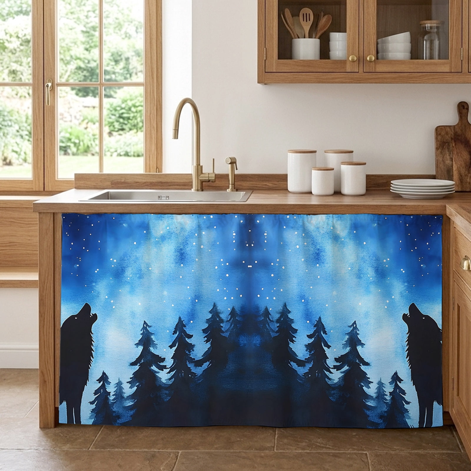 Black Wolf Silhouette Cabinet Curtain 28"Wx51"L, Dustproof Storage ...