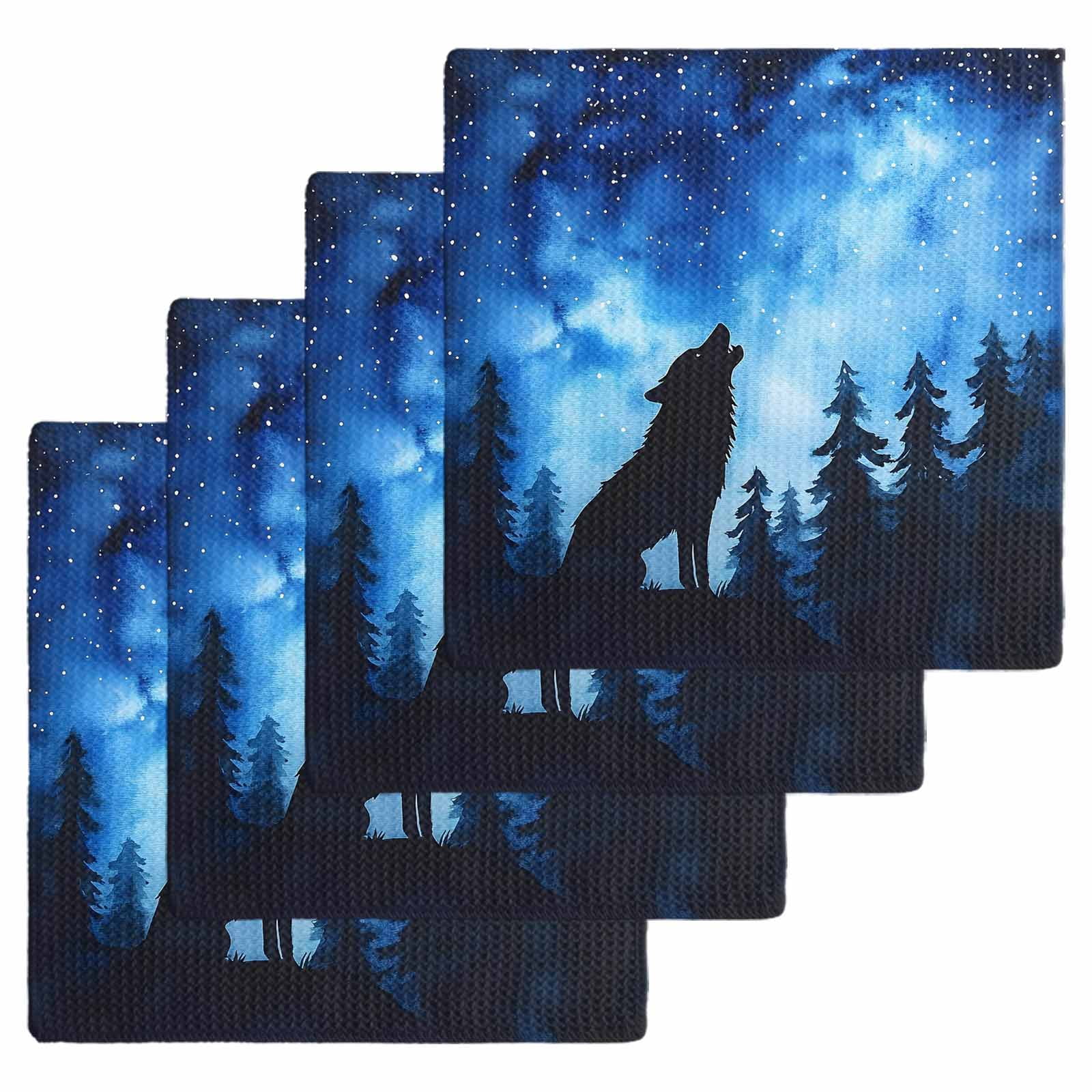 Black Wolf Silhouette Kitchen Dish Towels for Drying Dishes Set of 4 ...