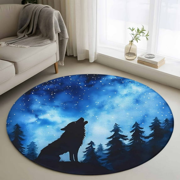Black Wolf Silhouette Round Rug 4ft Washable Circle Entryway Rugs Non ...