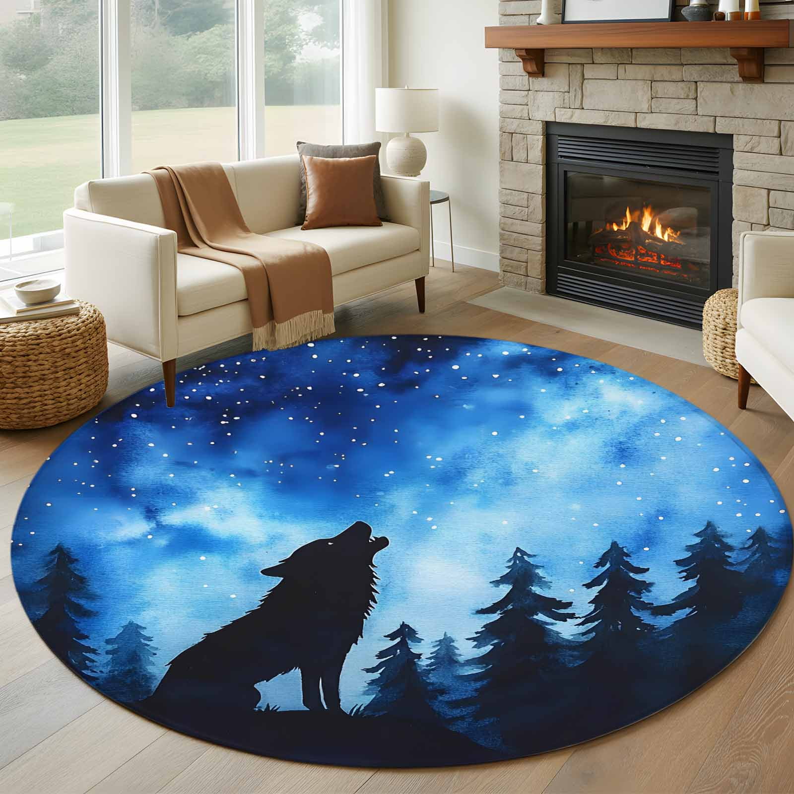 Black Wolf Silhouette Round Rug 5ft Washable Circle Kitchen Rugs Non ...
