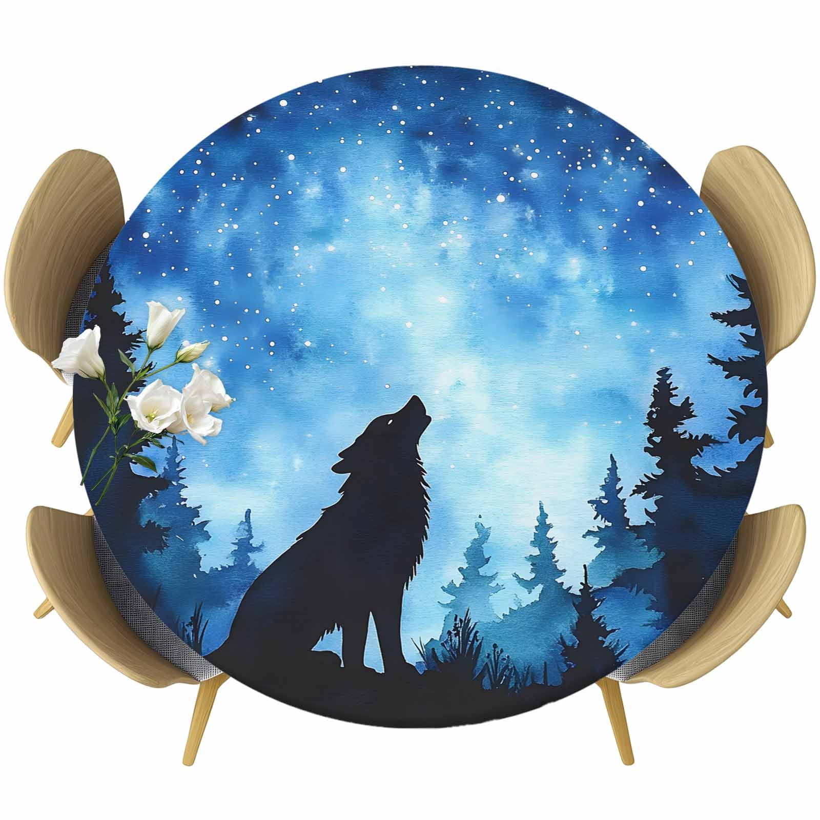 Black Wolf Silhouette Round Tablecloth 45-54 Inch Round Fitted Table ...