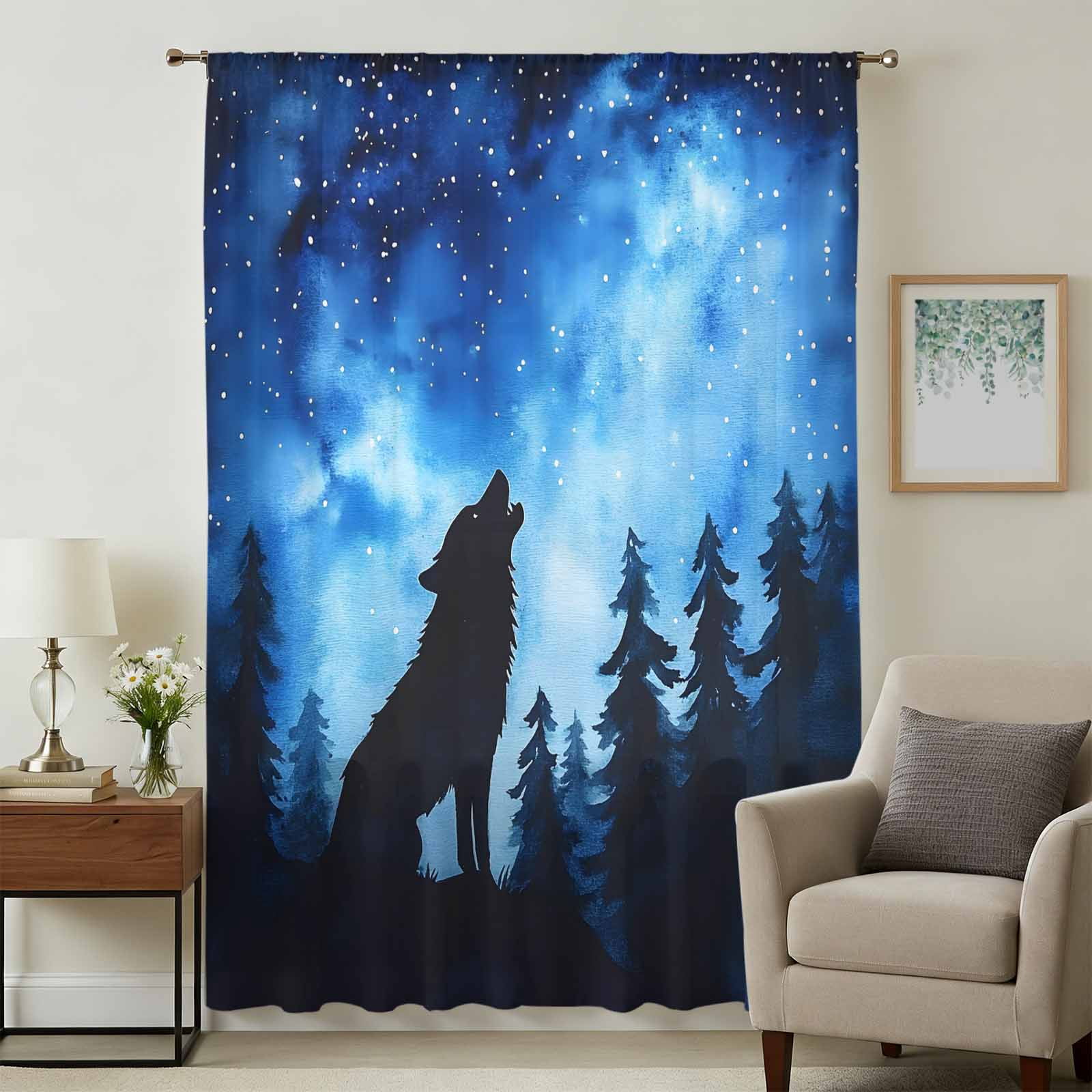 Black Wolf Silhouette Sheer Curtains 108 Inches Extra Long, Forest ...