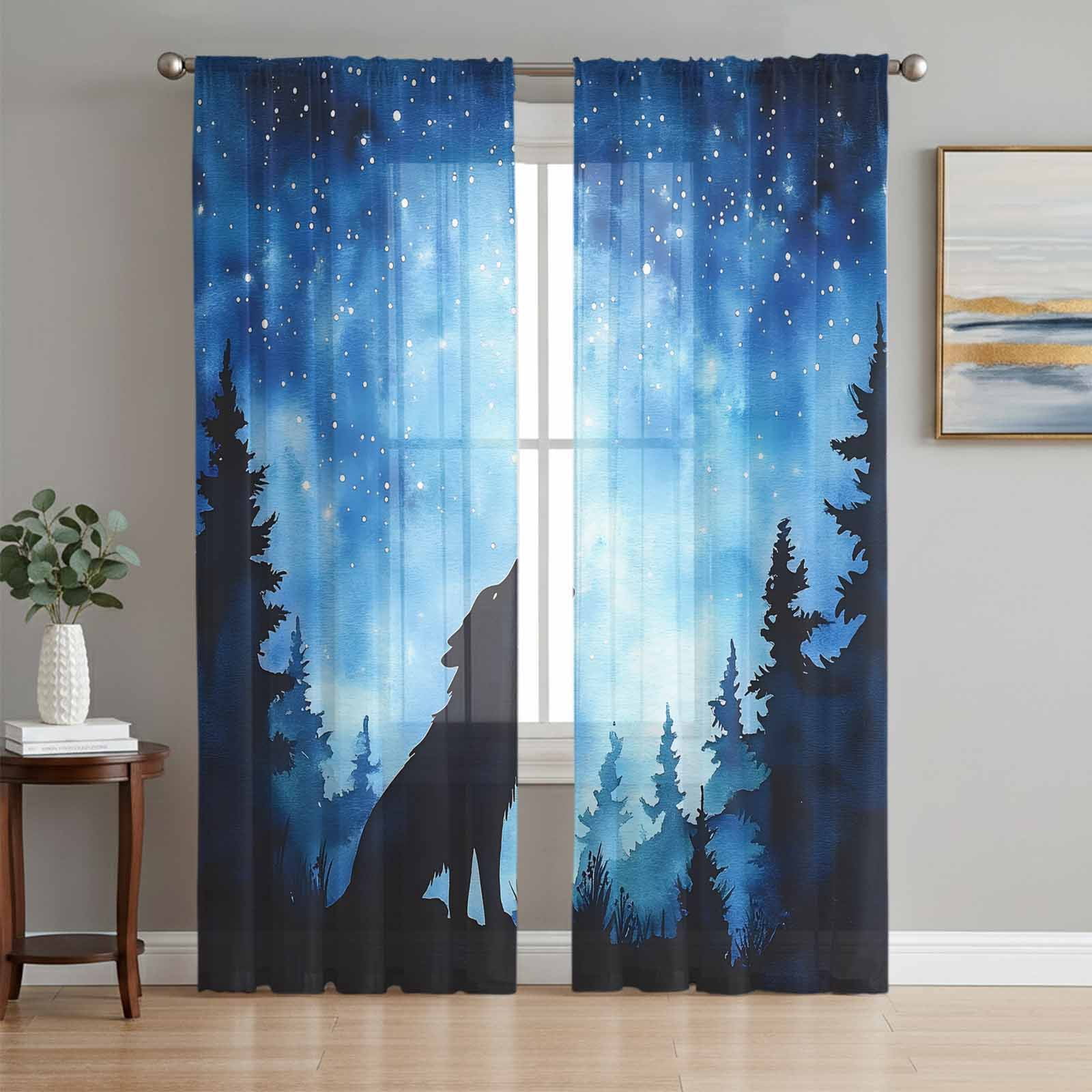 Black Wolf Silhouette Sheer Curtains 63 Inch Length 2 Panels Set ...