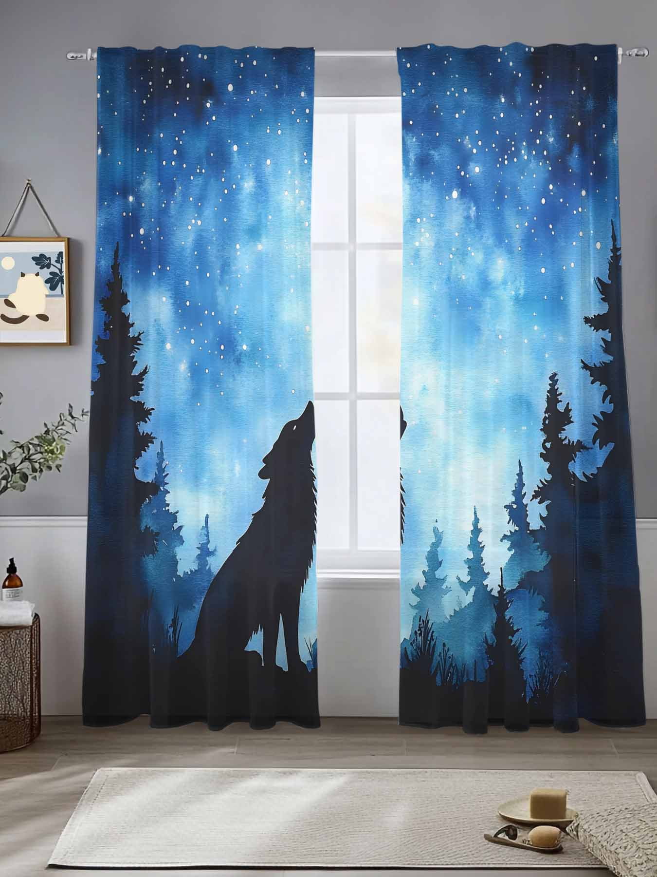 Black Wolf Silhouette Sheer Curtains for Living Room Bedroom Abstract ...