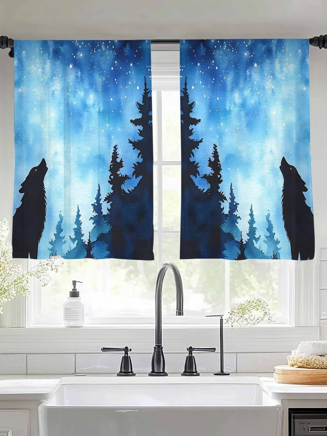 Black Wolf Silhouette Sheer Curtains for Living Room Bedroom Abstract ...