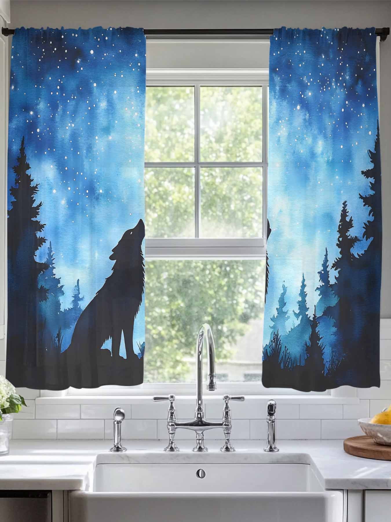 Black Wolf Silhouette Sheer Curtains for Living Room Bedroom Abstract ...