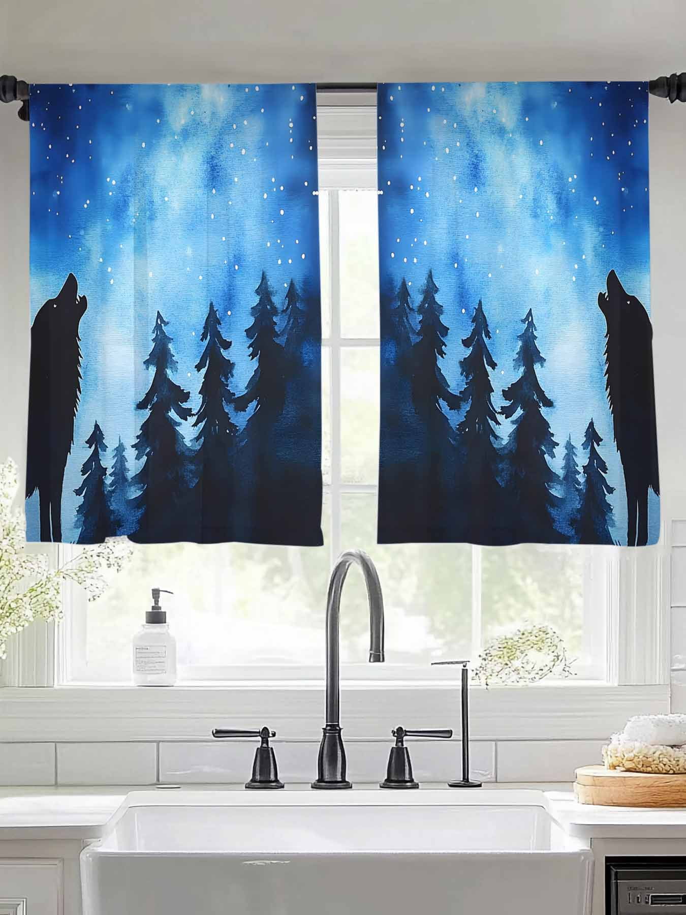 Black Wolf Silhouette Sheer Curtains for Living Room Bedroom Forest Starry Night Sky Sheer ...