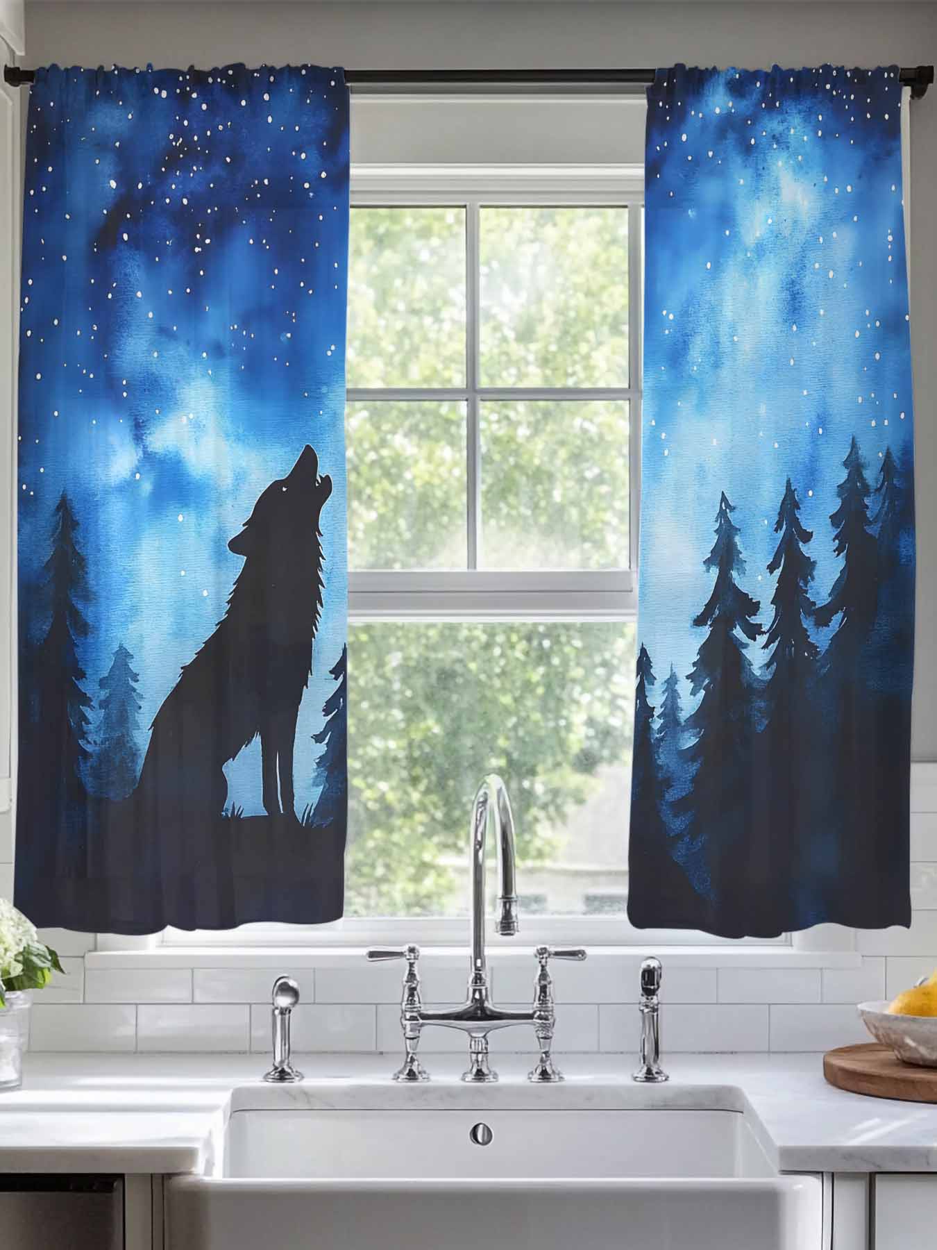 Black Wolf Silhouette Sheer Curtains for Living Room Bedroom Forest ...