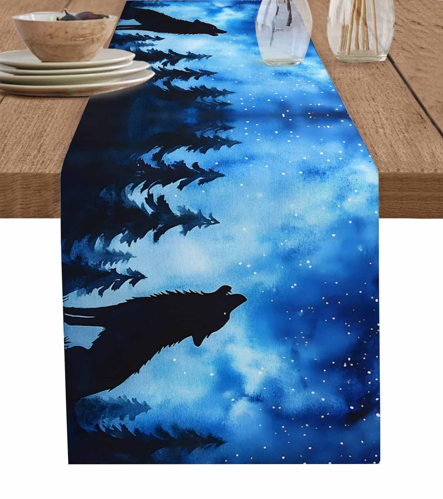 Black Wolf Silhouette Table Runner 70 Inches, Forest Starry Night Sky ...