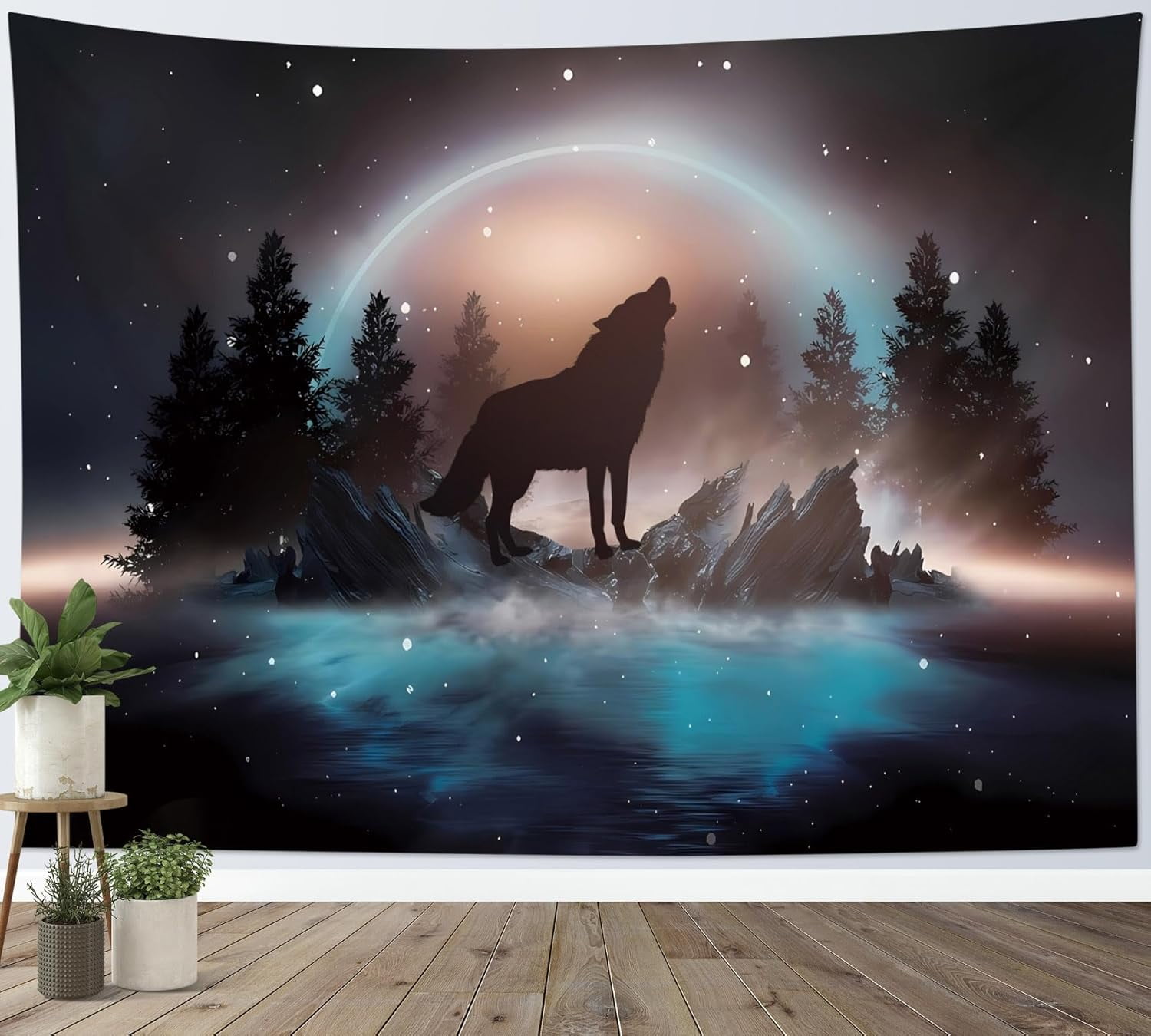 Black Wolf Wall Tapestry Forest Mountain Blue Ocean Moon Starry Sky ...