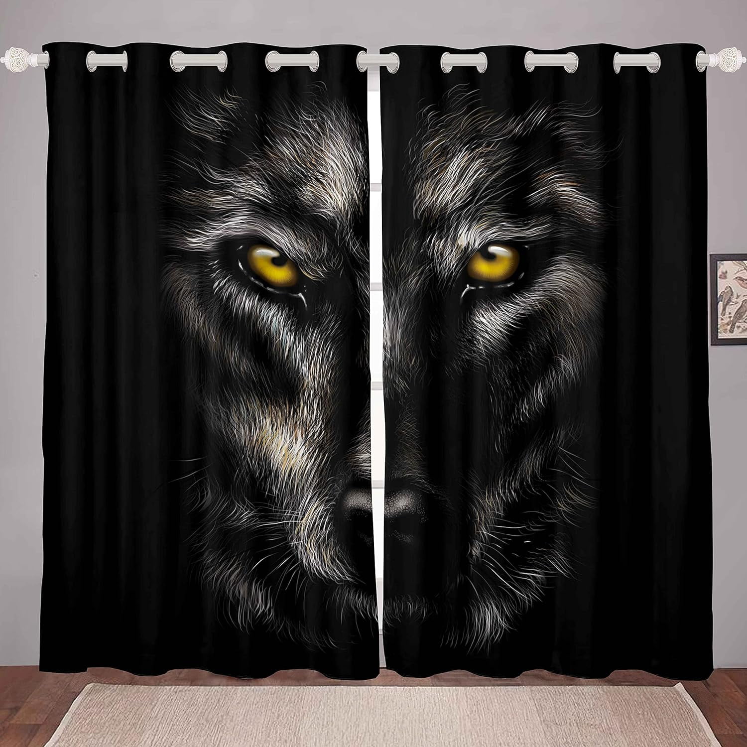 Black Wolf Window Curtains For Bedroom Living Room Wild Animal Theme ...