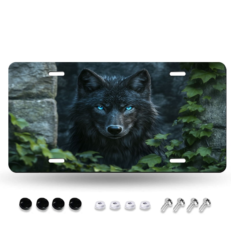 Black Wolf with Blue Eyes Fantasy Art Style License Plate Frame ...