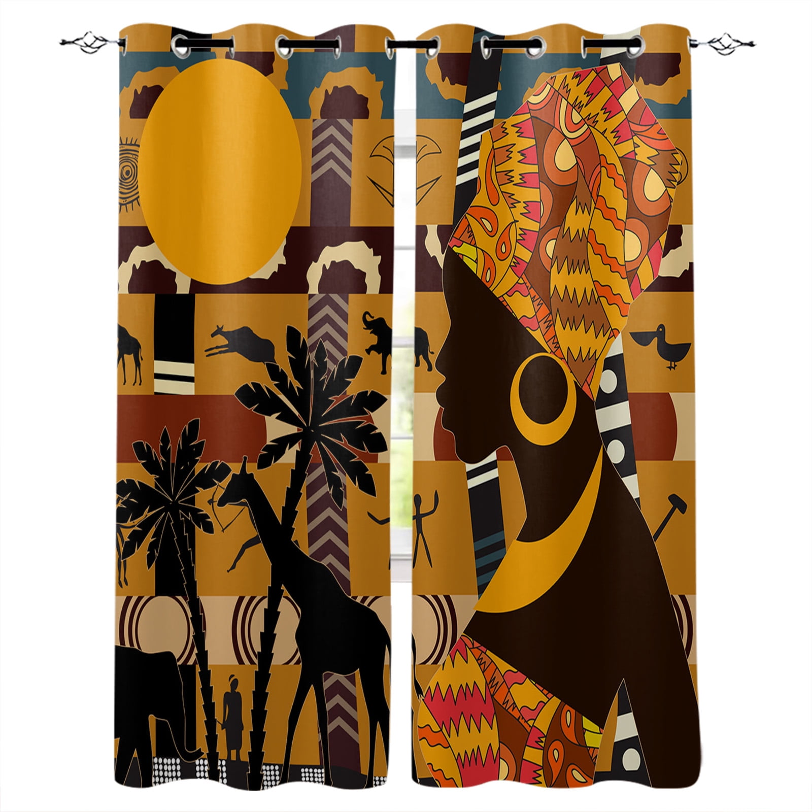Black Woman African Savannah Tropical Landscape Window Curtains Living ...