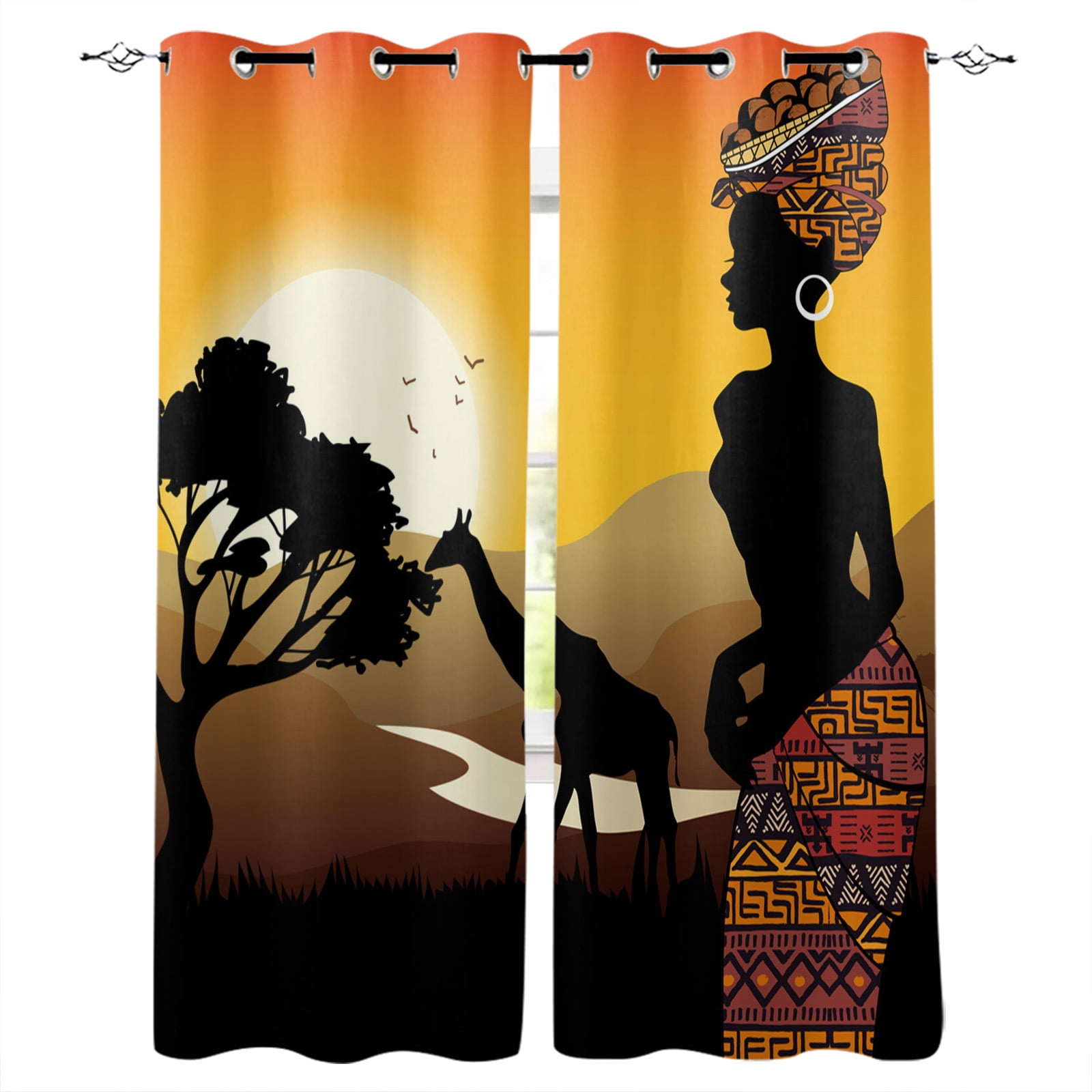 Black Woman African Savannah Tropical Landscape Window Curtains Living ...