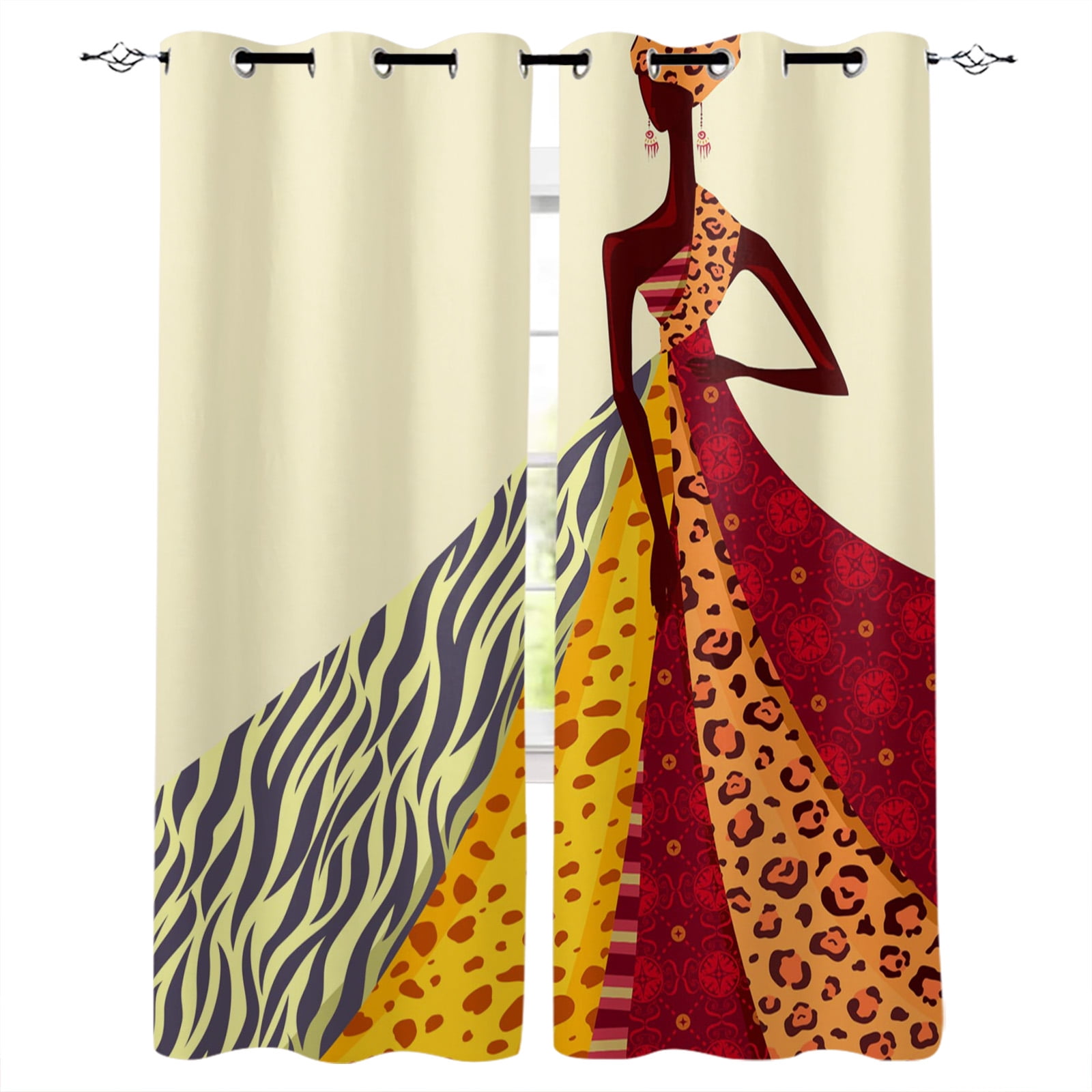 Black Woman African Savannah Tropical Landscape Window Curtains Living ...