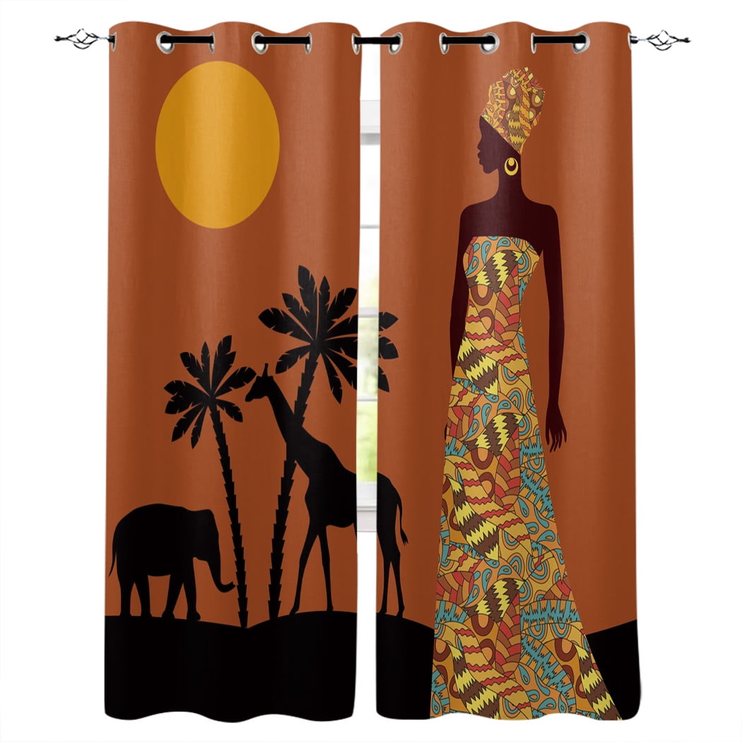 Black Woman African Savannah Tropical Landscape Window Curtains Living ...