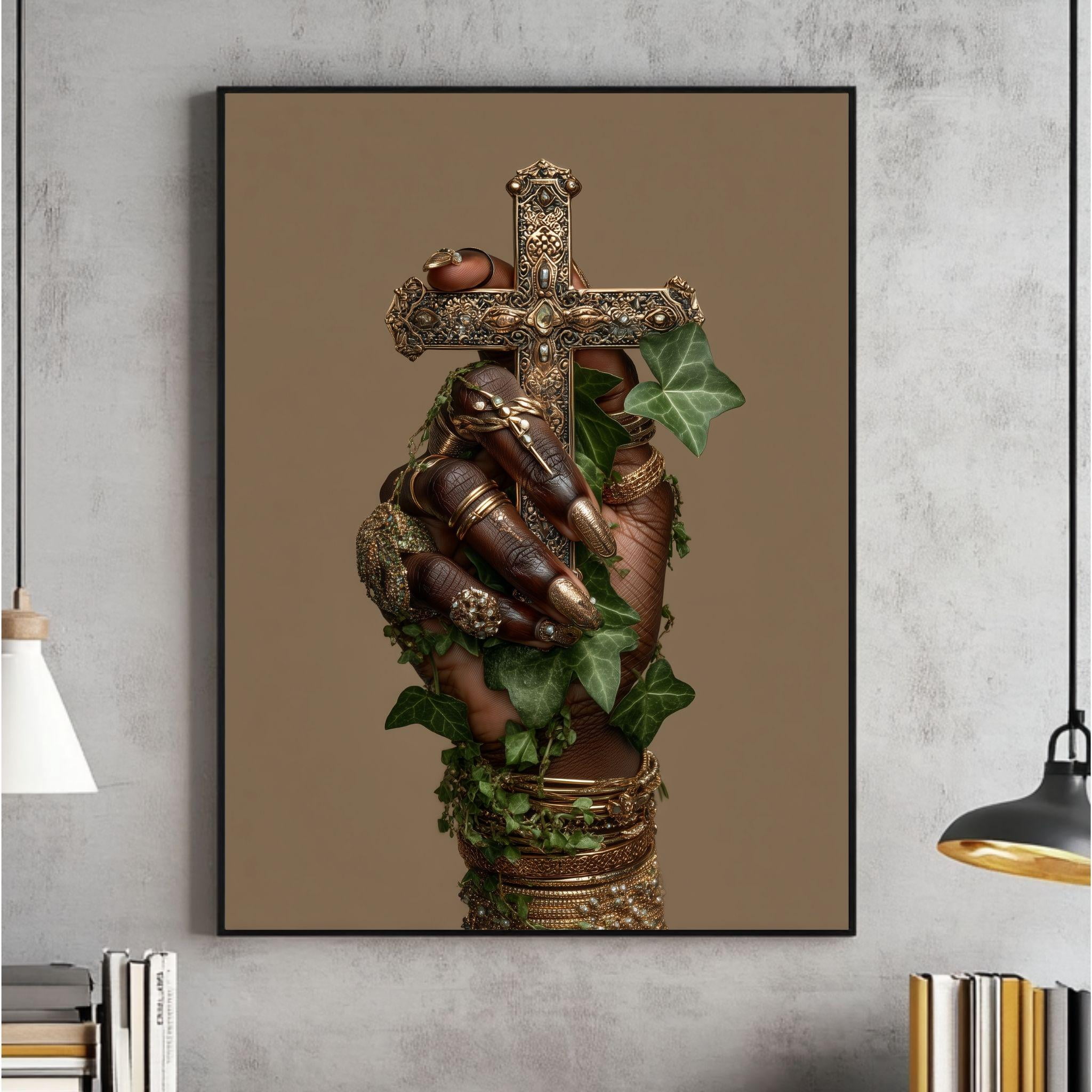 Black Woman Christian Art Print Ornate Cross Faith Artwork Home Decor ...