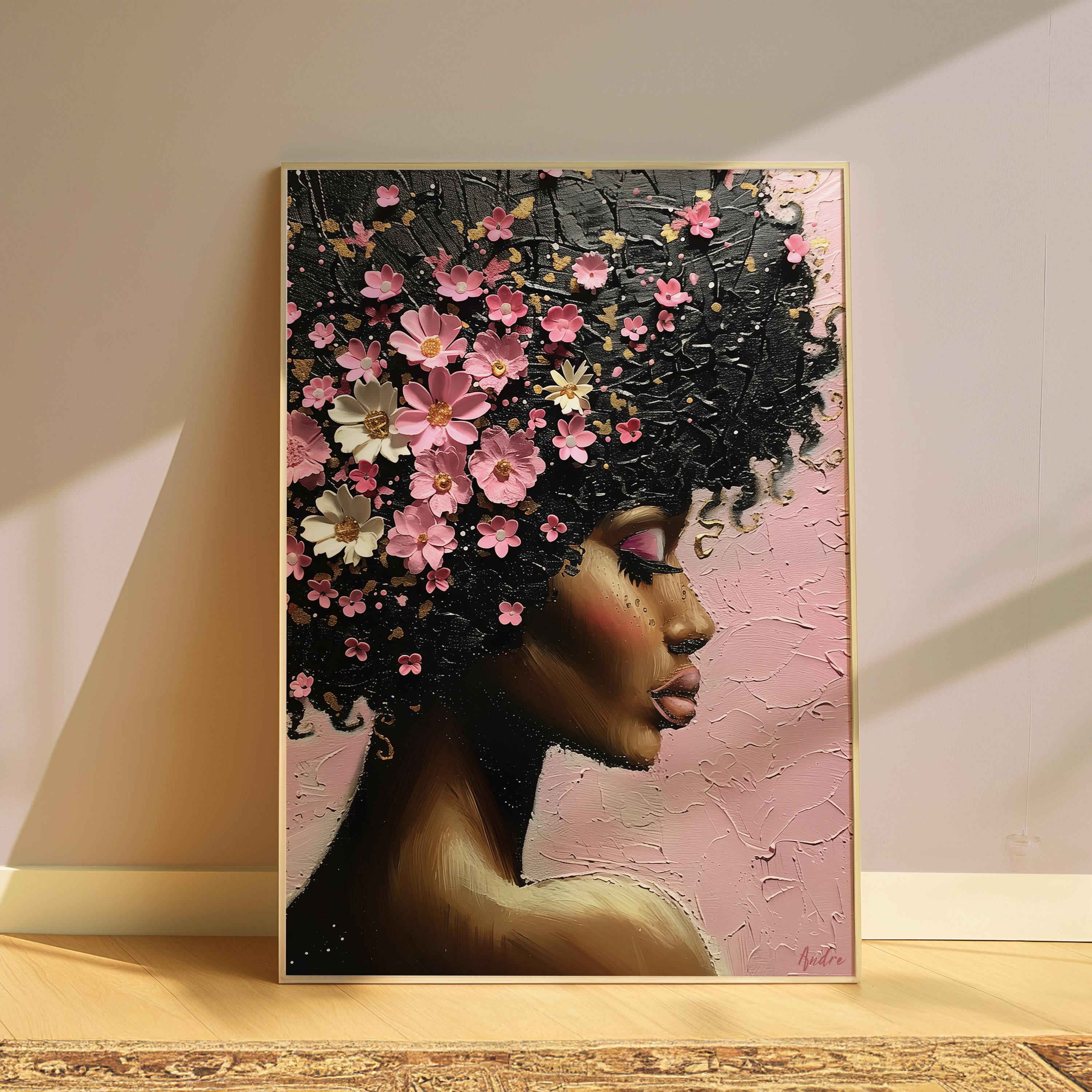 Black Woman Floral Art Print, African American Woman Portrait - Walmart.com