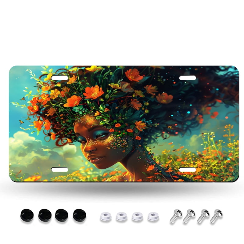 Black Woman Flowing Hair Made of Flowers Stands in Field License Plate ...