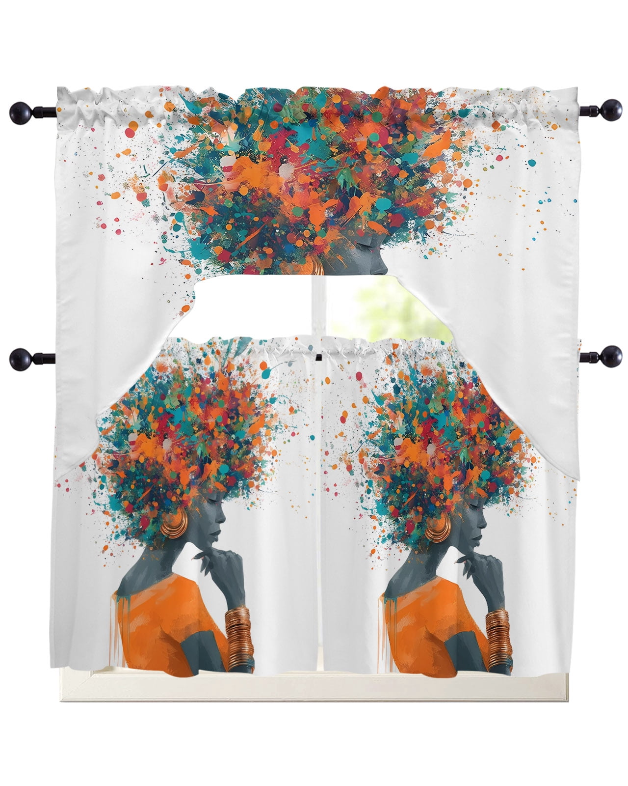 Black Woman Kitchen Curtains Set for Windows 3 Piece Cafe Curtains 36 ...