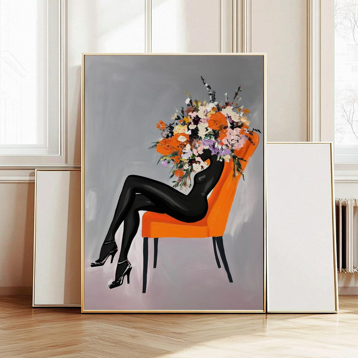 Black Woman Oil Painting Style Art, Orange Accent Wall Artwork,Fashion ...