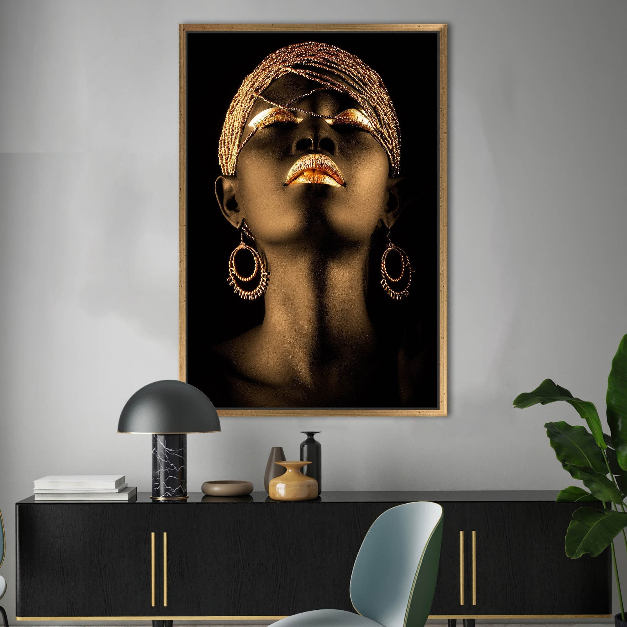 Black Woman Printed, Gold Lip Wall Decor, African Gold Woman Printed, Abstract Artwork, African ...