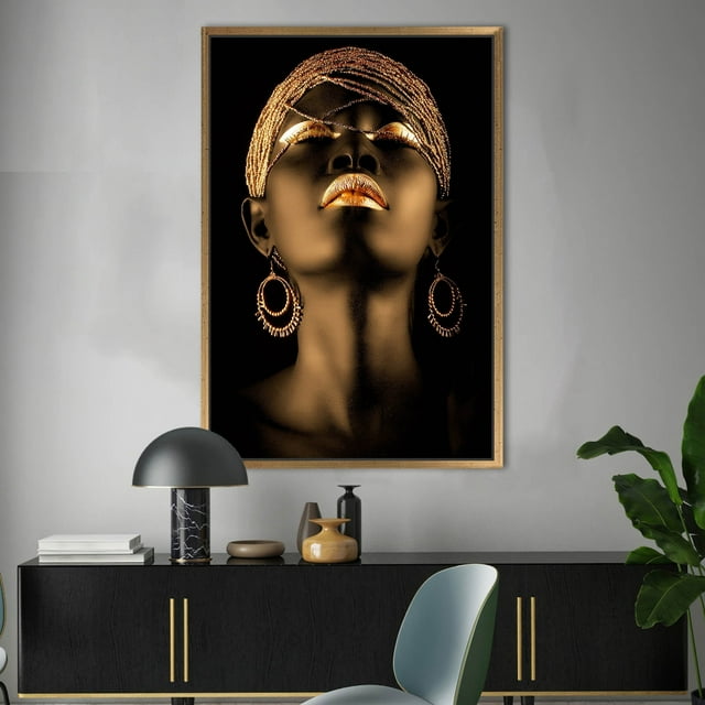 Black Woman Printed, Gold Lip Wall Decor, African Gold Woman Printed, Abstract Artwork, African ...