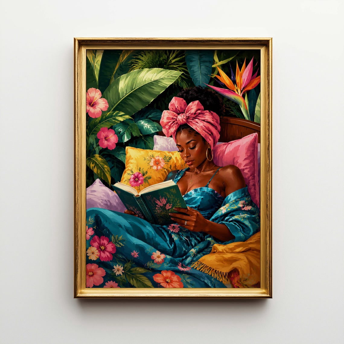 Black Woman Reader Tropical Painting Book Lover Bedroom Poster Unframed ...