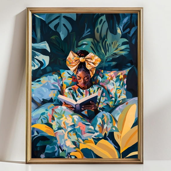 Black Woman Reading In Floral Bed, Henri Matisse Style African American ...