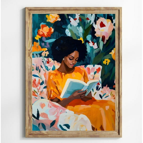 Black Woman Reading In Floral Bed, Henri Matisse Style African American Art, Vibrant Home Decor ...
