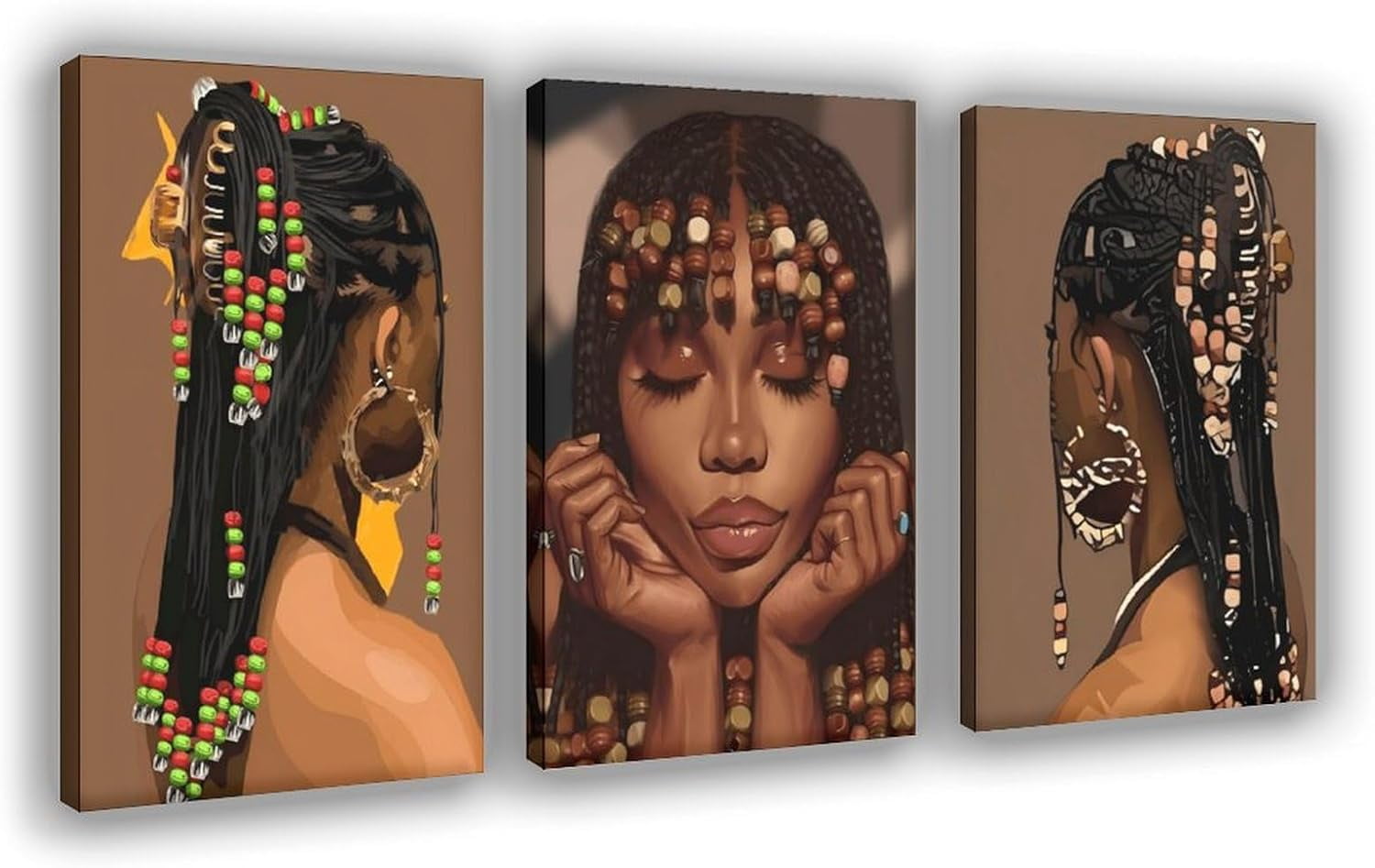 Black Woman Wall Art Set of 3,Fashion African American Women Flower Wall DecorFashion Black Lady ...
