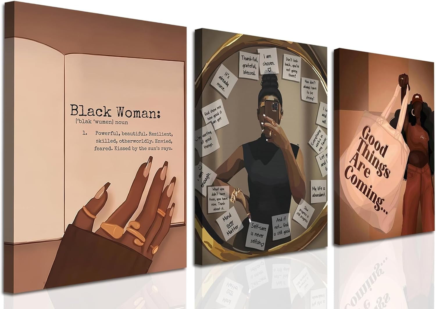 Black Woman Wall Art Set of 3, African American Girl Wall Decor Paintings, Fashion Black People ...