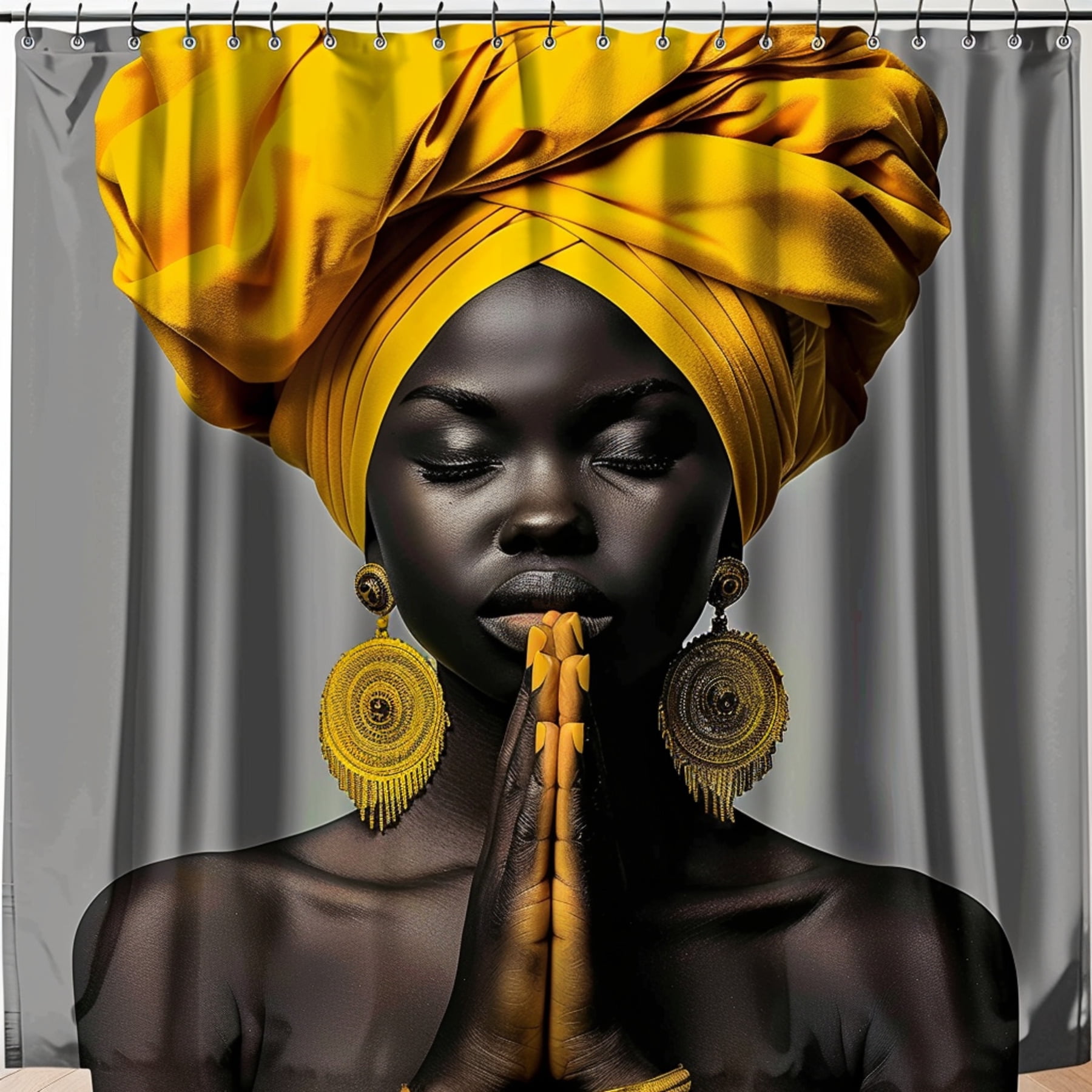 Black Woman in Yellow Turban Praying Pose Shower Curtain African Style ...