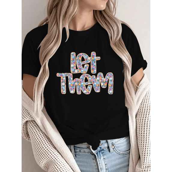 Black Womans Let Them Floral Pattern Graphic Tees Print Tshirt S-5XL ...