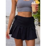 Black Women Athletic Pleated Mini Skirt With Side Ruched Drawstring Low ...
