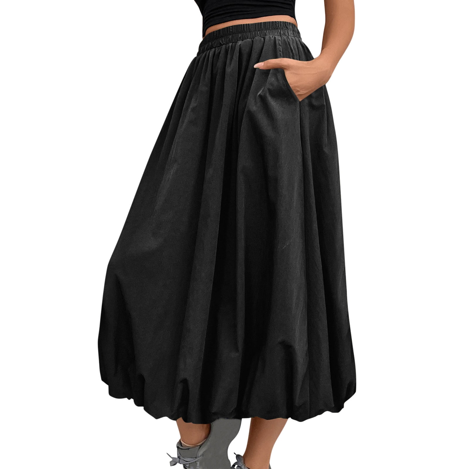 Black Women Basic Maxi Long Midi Knee High Loose Fit Skirt for Women ...