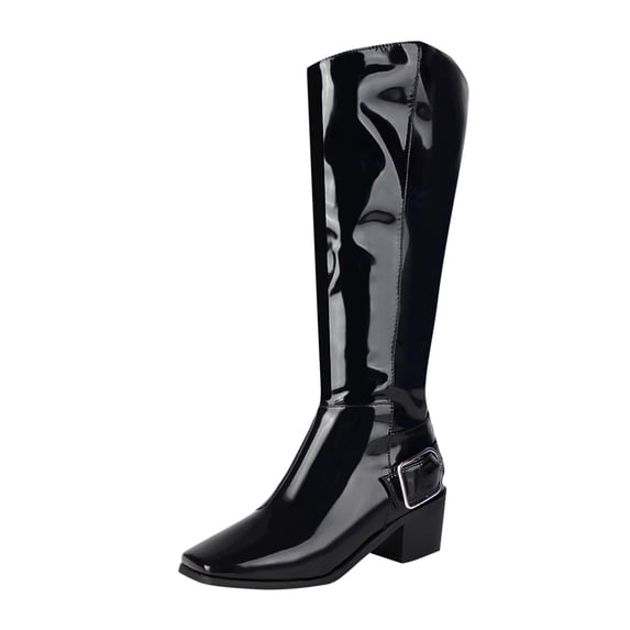 Black Women Booties Patent Leather Design Chunky Heel Comfortable Fit ...
