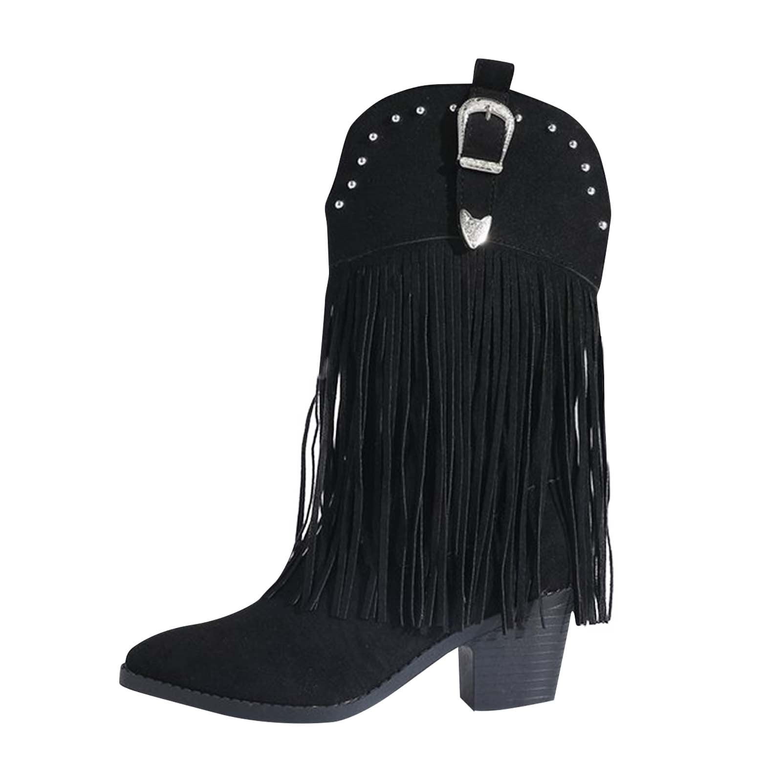 Black Women Boots Western Tassel Design Chunky Heel Buckle Comfortable ...