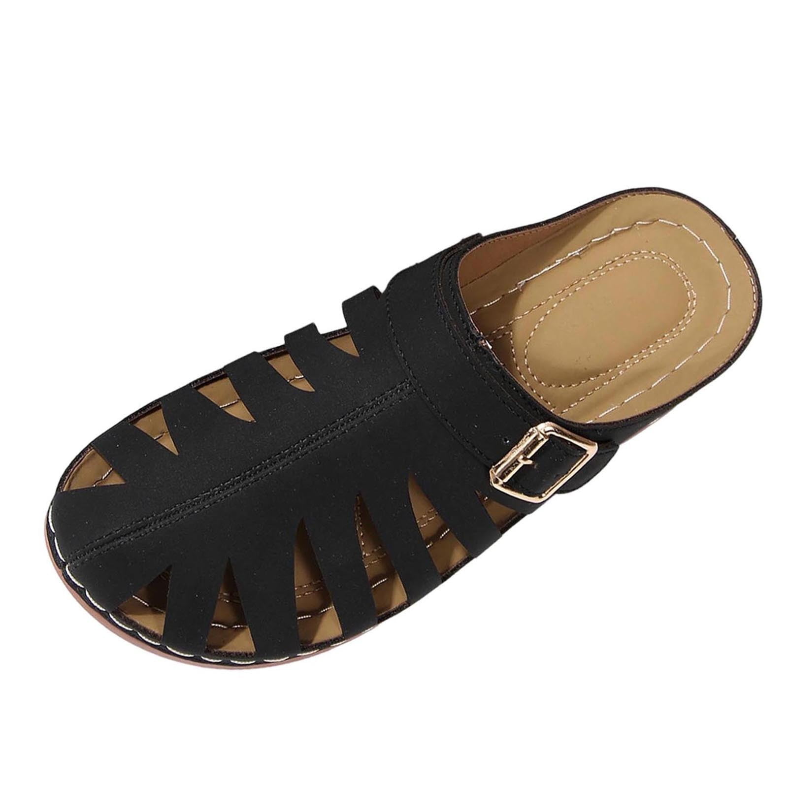 Black Women Casual Shoes Hollow Out Round Toe Slip On Slippers Thick ...