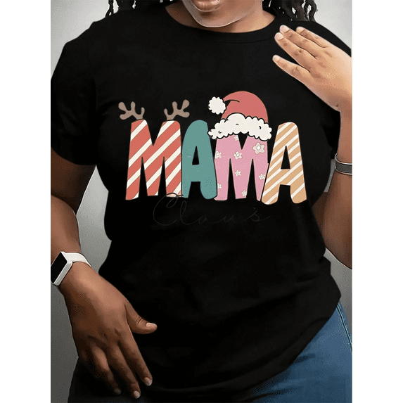 Black Women Christmas T-Shirt, “Mama Claus” Color Block Letters ...