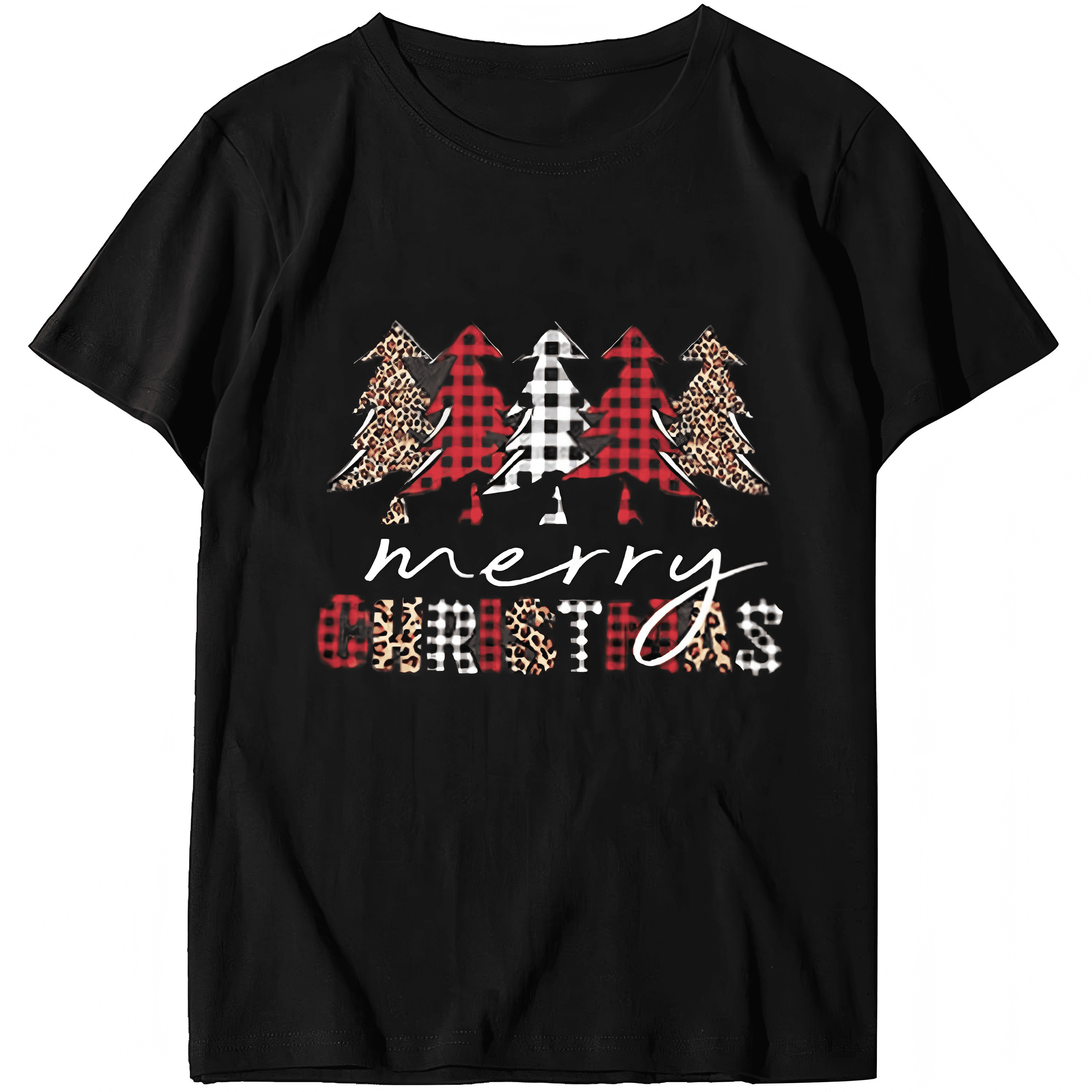 Black Women Christmas T-Shirt, “Merry Christmas” Leopard and Plaid Tree ...