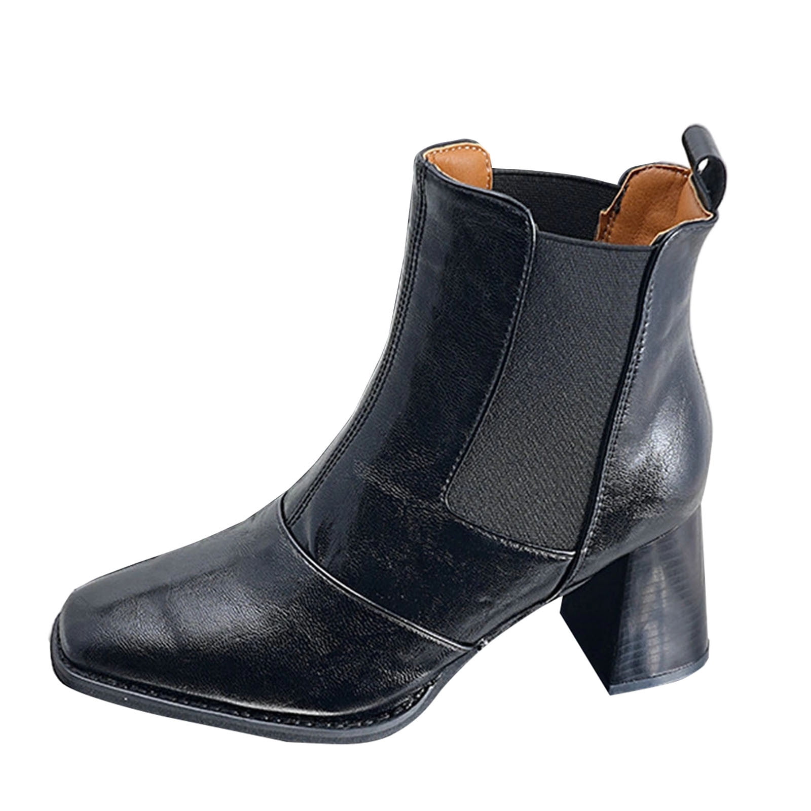 Black Women Chunky Sole Boots Retro Pointed Toe Elastic Ankle Warm ...