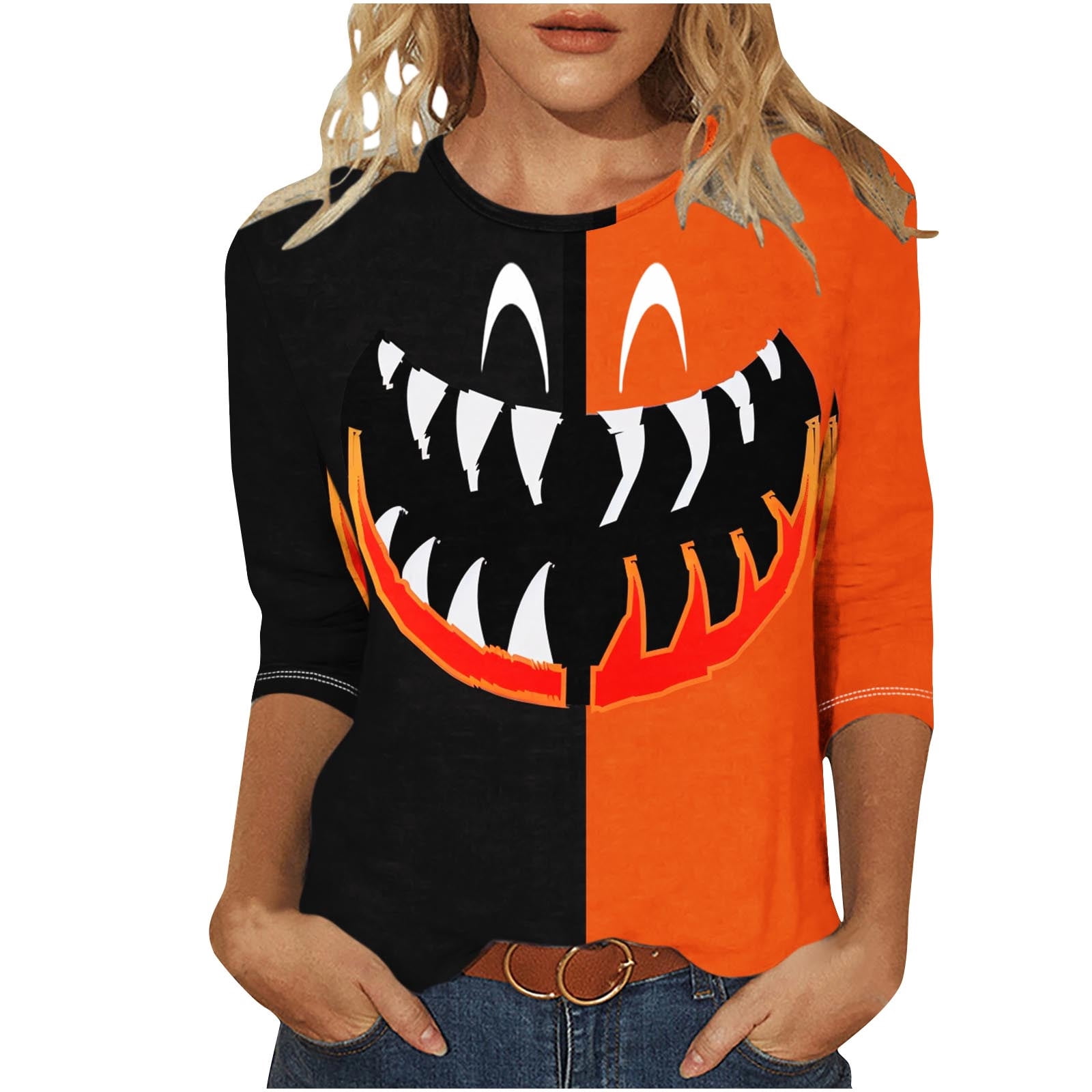 Black Women Color Block Graphic Loose Fit Tshirts Crew Neck Tee Tops ...