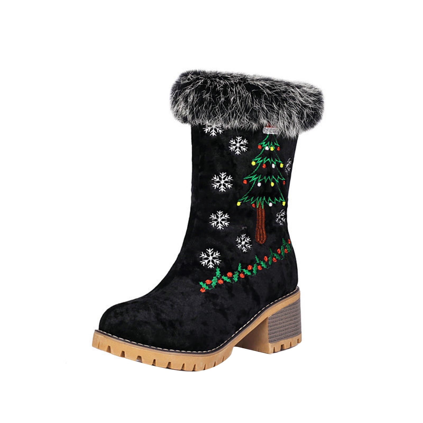 Black Women Comfortable Boots With Christmas Tree Detail Thick Sole For ...